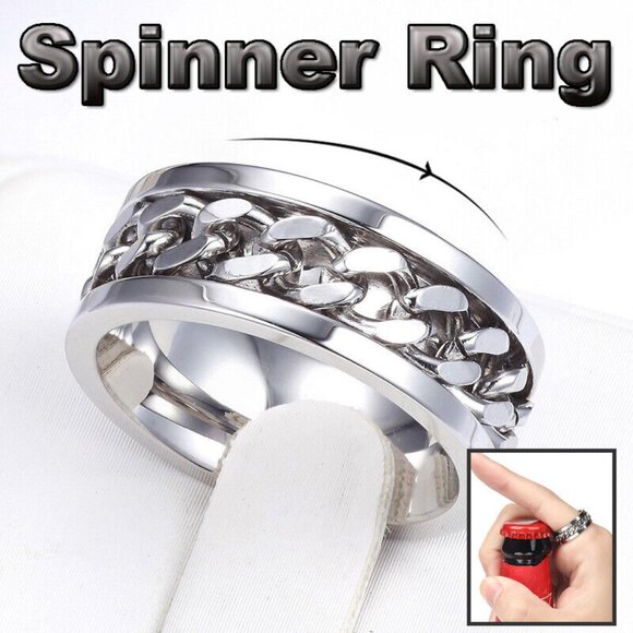 Accessories | Mens Ring Stainless Steel Silver Curb Chain Spinner Wide ...